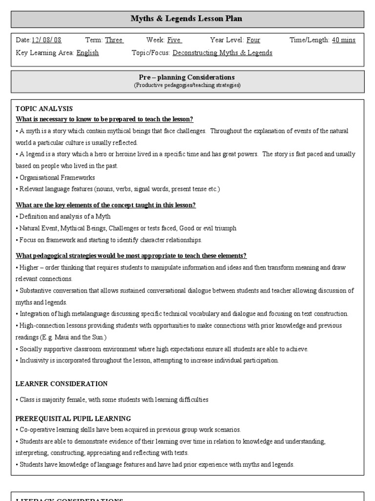 Myths and Legends Lesson Plan for Grade 4 | PDF | Reading Comprehension ...
