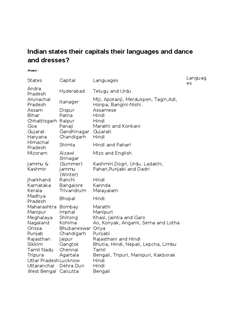 Indian States, Capitals, Languages, Dances | PDF | Language Arts ...