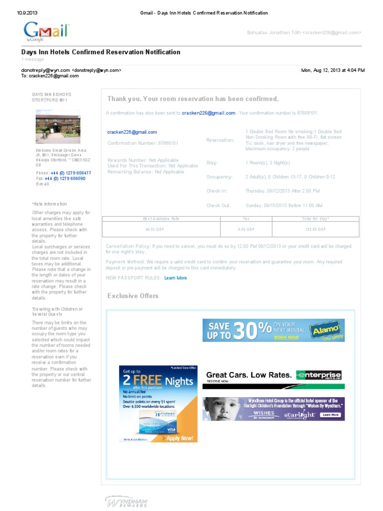 Gmail - Days Inn Hotels Confirmed Reservation Notification | Email ...