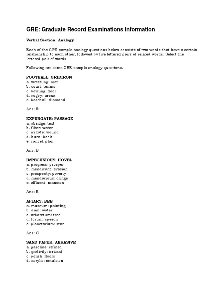 Analogy - GRE Graduate Record Examinations Information | PDF | Graduate ...