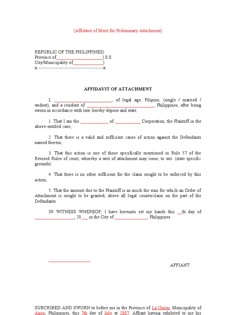 Affidavit of Merit for Preliminary Attachment | Affidavit | Civil Law (Common Law)