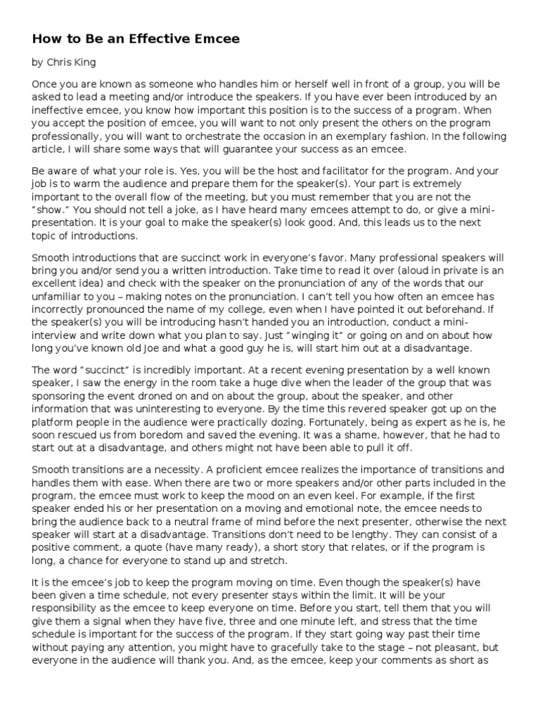 How To Be An Effective Emcee | PDF | Jokes | Rapping