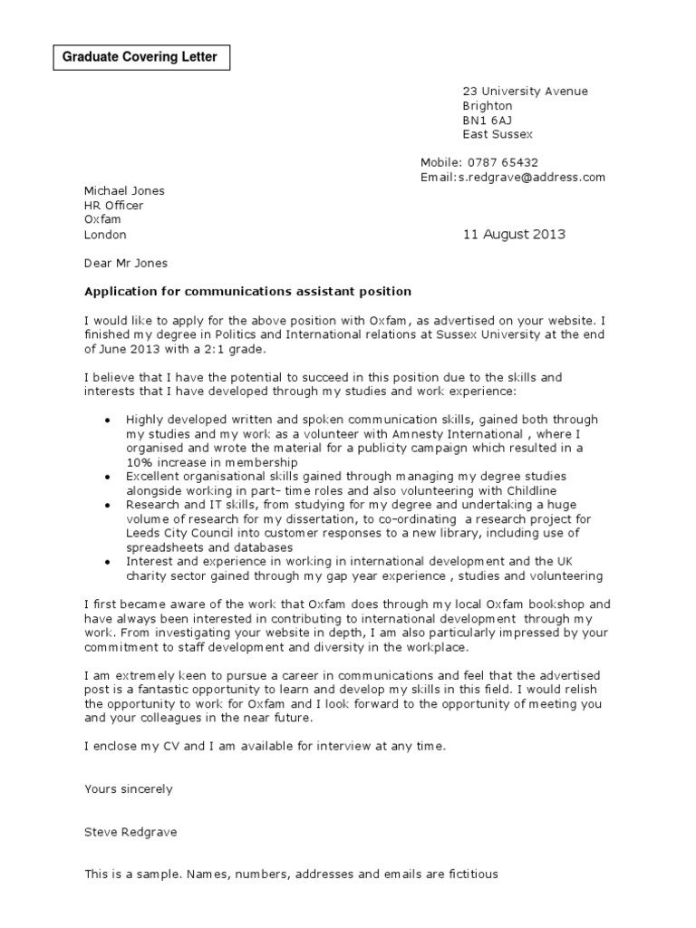 Graduate Cover Letter for Oxfam Position | PDF