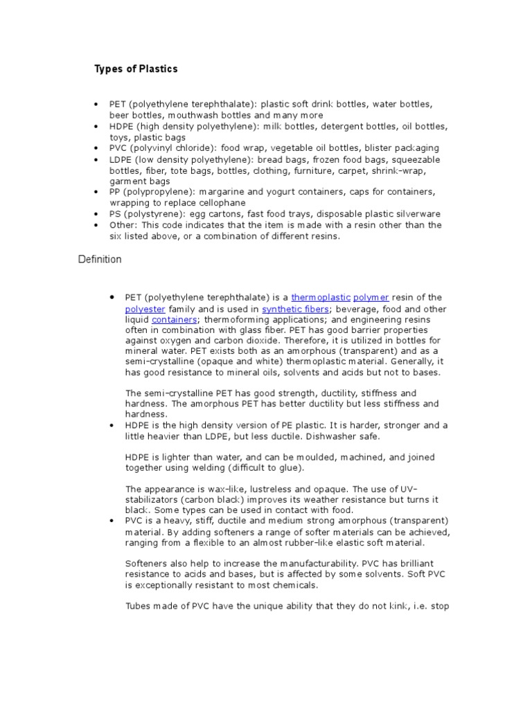 Types of Plastics | PDF | Polyethylene | Plastic