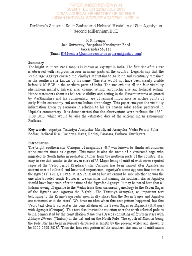 Parāśara's Seasonal Solar Zodiac and Heliacal Visibility of Star ...