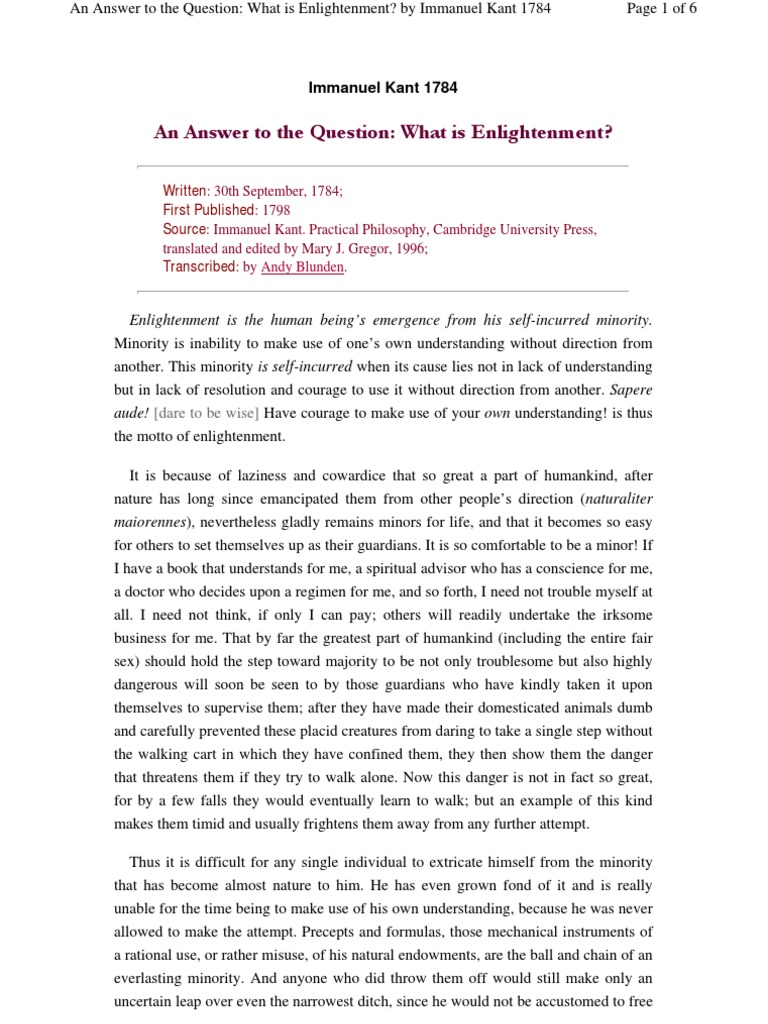 Kant's 1784 Essay on Enlightenment | PDF | Age Of Enlightenment | Science