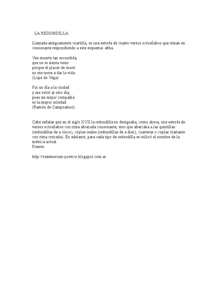 Definición y ejemplos de redondilla | PDF | Arte | Poesía