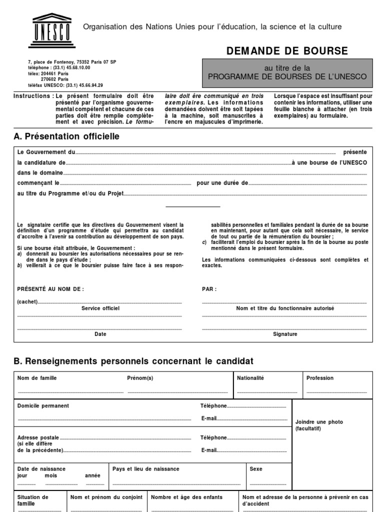 Formulaire de Demande de Bourse UNESCO | UNESCO