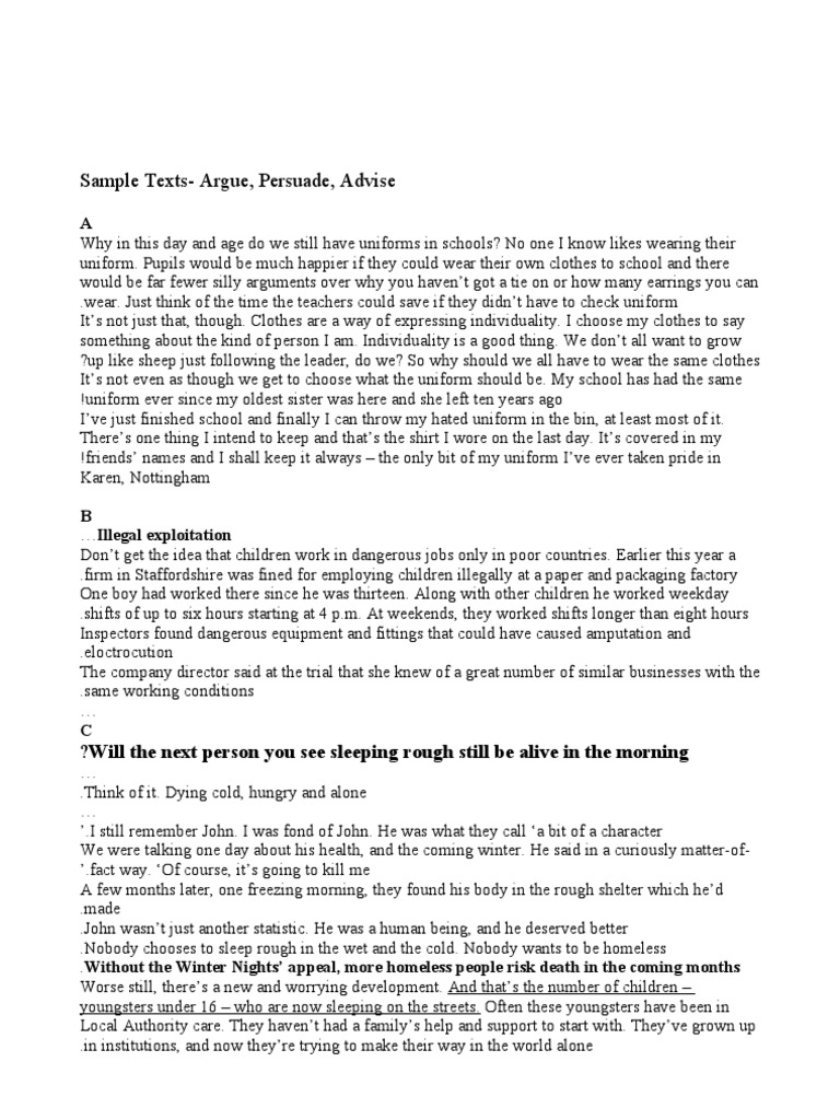 Sample Texts. Argue, Persuade, Advise | Homelessness | Violence