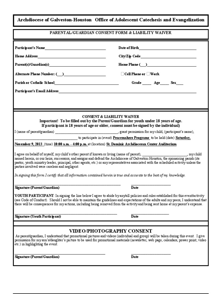 2013 Parental-Guardian Consent Form - Liability Waiver Medial Release ...