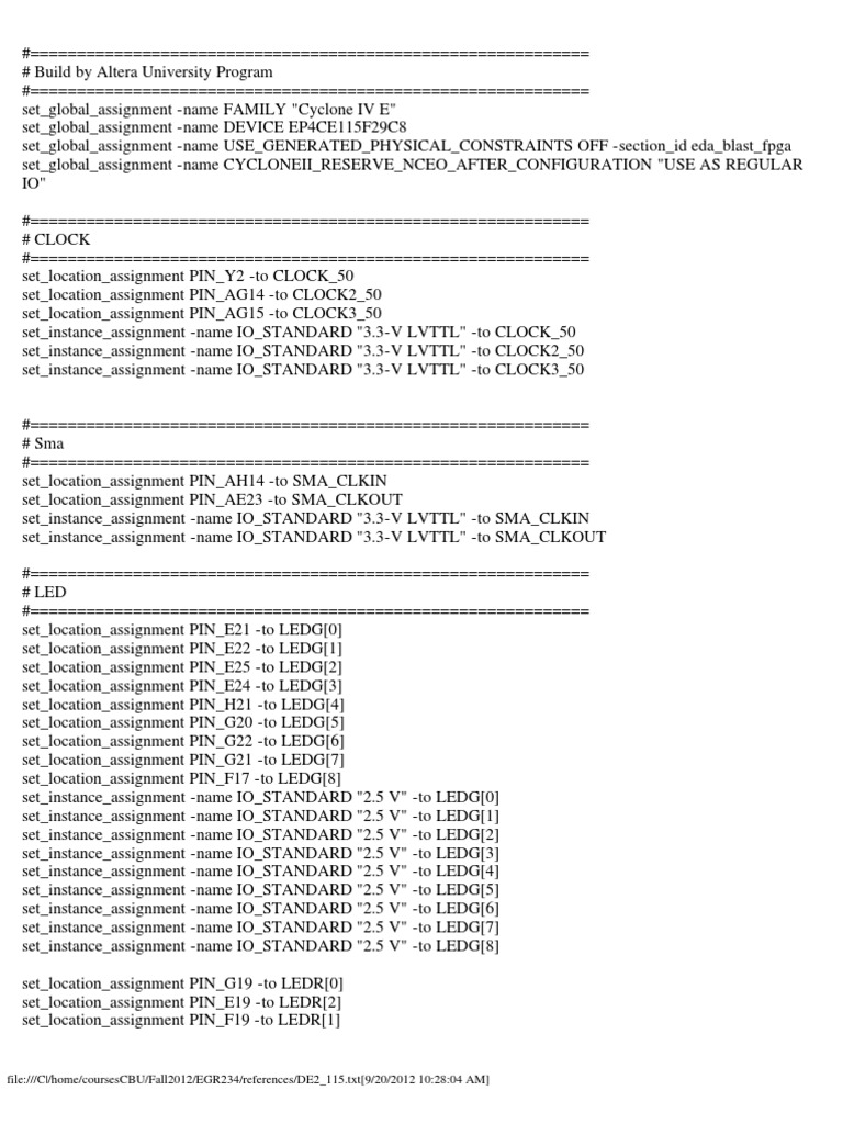 DE2 115 Pin Assignments | PDF | Text File | Computer Architecture