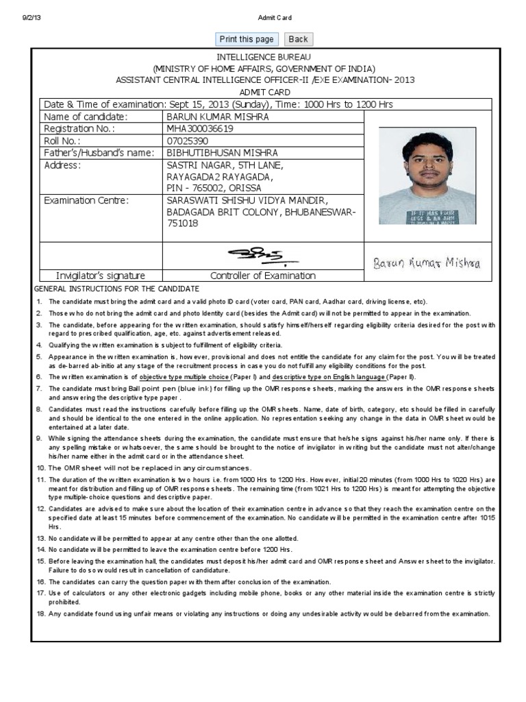 Admit Card IB PDF | PDF | Identity Document | Government Information