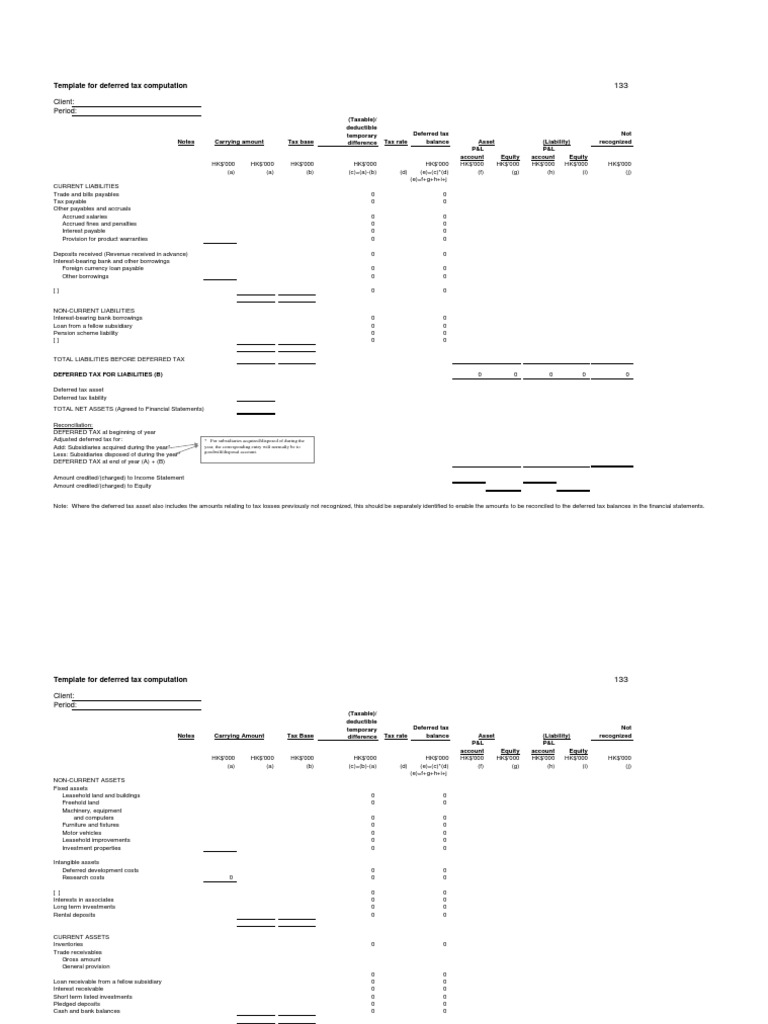 HKAS 12 - Template for Deferred Tax Computation1 | Deferred Tax ...