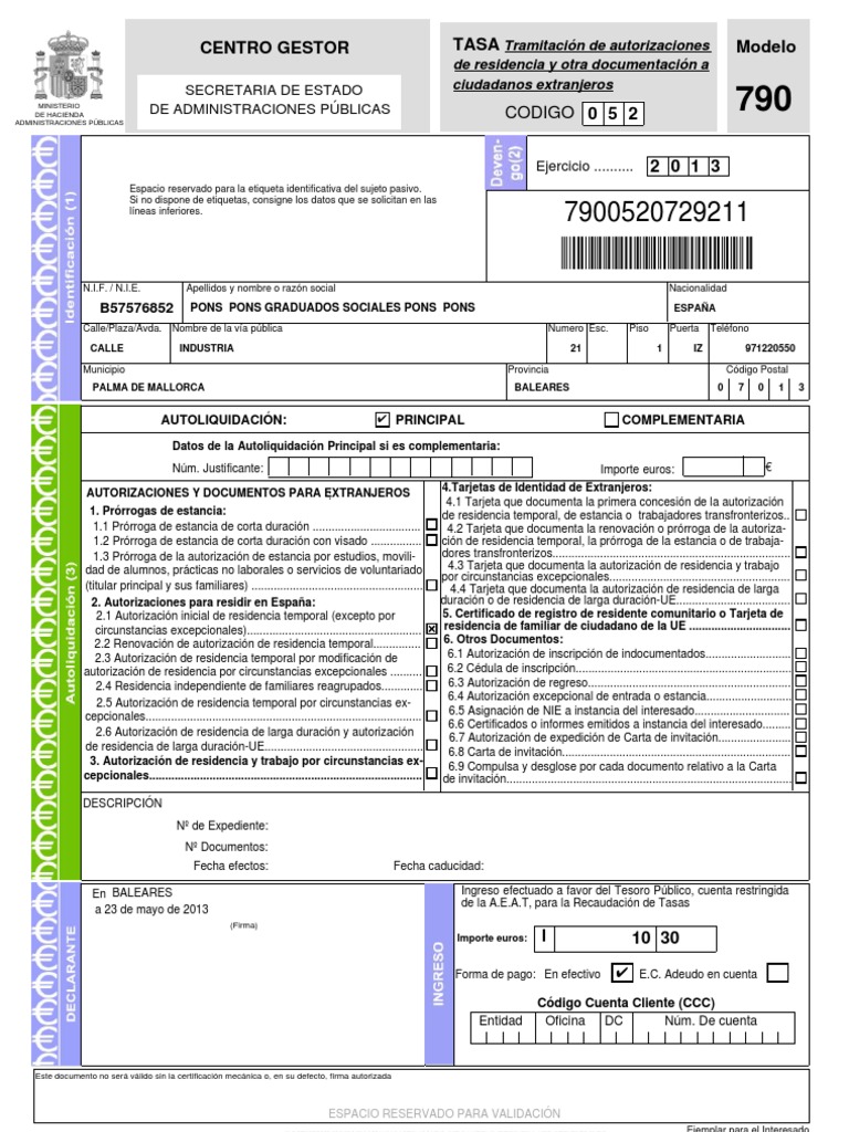 Tasa 052 Modelo 790 para Residencia | PDF | España | Economias