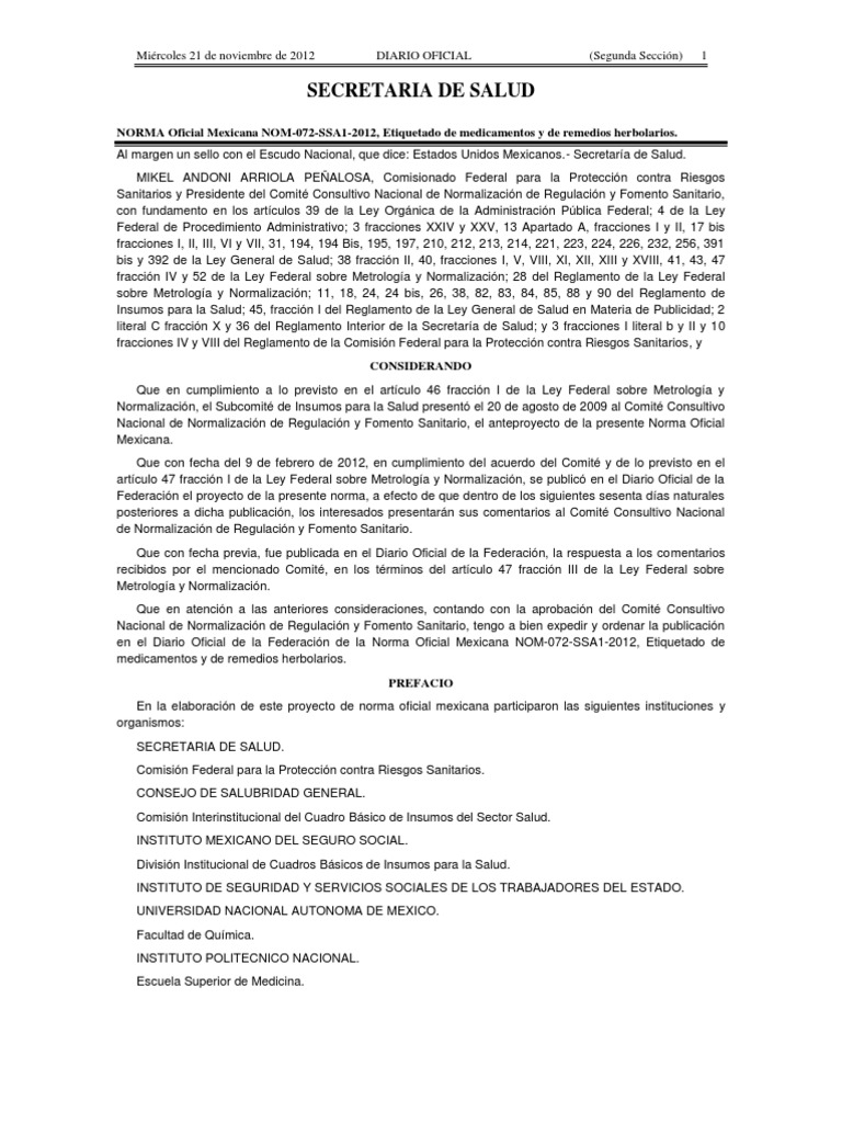 Nom 072 Ssa1 2012 | PDF | Farmacia | Medicamentos con receta