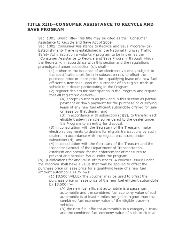 Title Xiii - Consumer Assistance To Recycle and Save Program | PDF ...