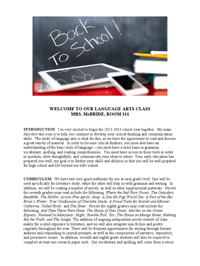 Language Arts Class Overview 2013-2014 | PDF | Homework | Learning