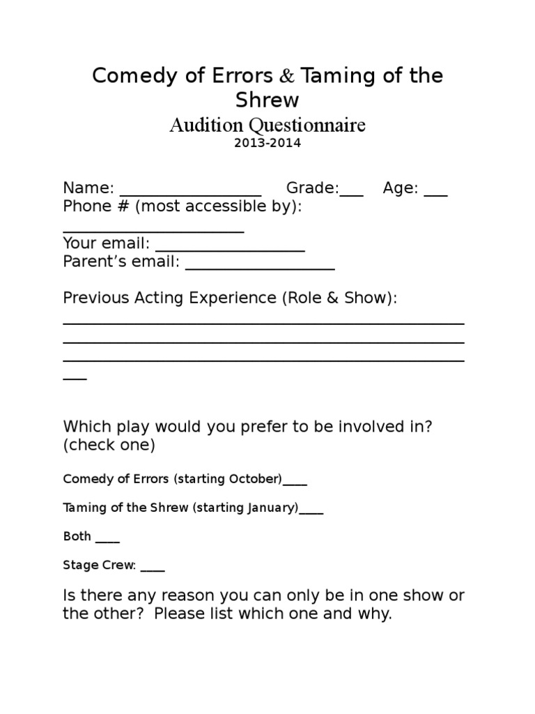 Audition Questionnaire for Shakespeare Plays | PDF | Career & Growth