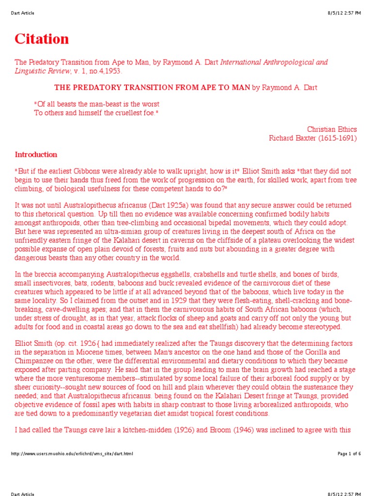 The Predatory Transition from Ape to Man: Evidence that ...