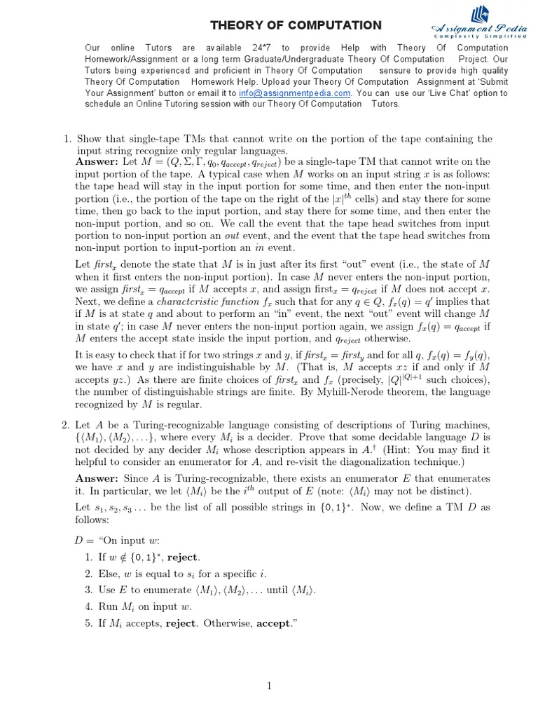 Theory Of Computation Homework Help Pdf Theory Of Computation Computer Science