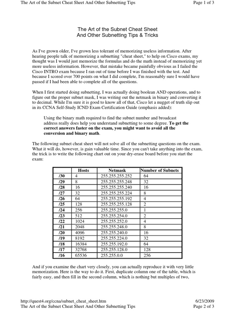 Subnetting Cheat Sheet & Tips | PDF | Teaching Mathematics | Networking