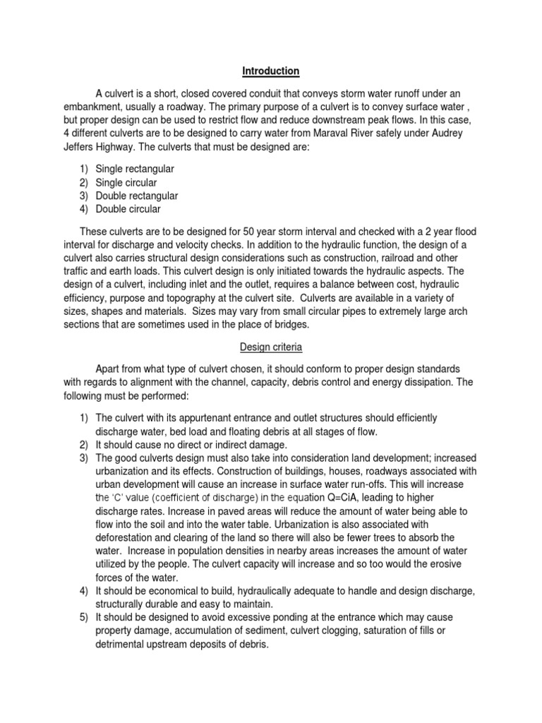 Culvert Design For Maraval River, Trinidad (Exclusion of AutoCAD ...