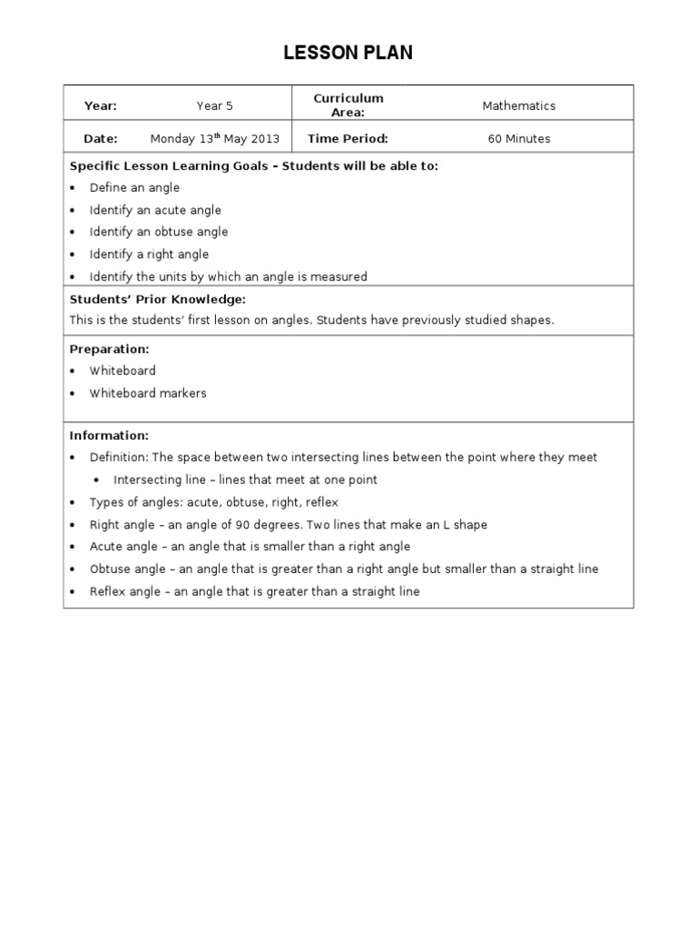 Angles Lesson 1 | PDF | Angle | Lesson Plan