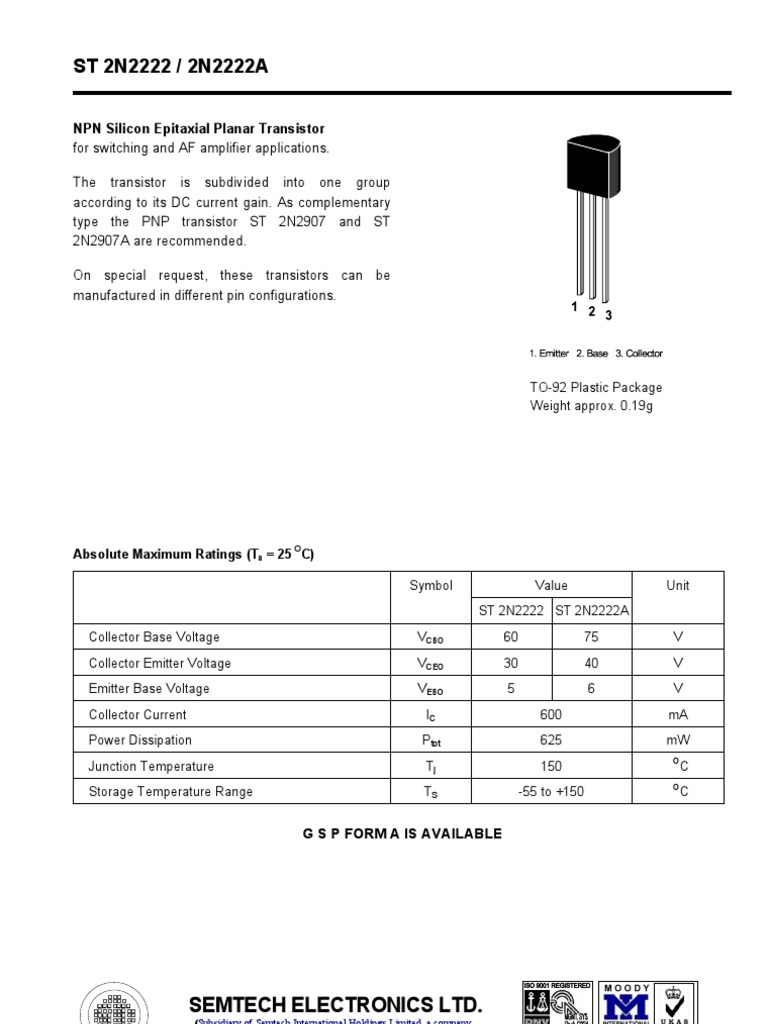 ST 2N2222 / 2N2222A: Semtech Electronics LTD | PDF | Bipolar Junction Transistor | Transistor