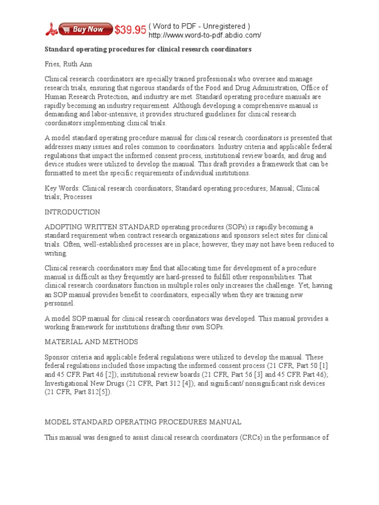 Standard Operating Procedures For Clinical Research Coordinators | PDF ...