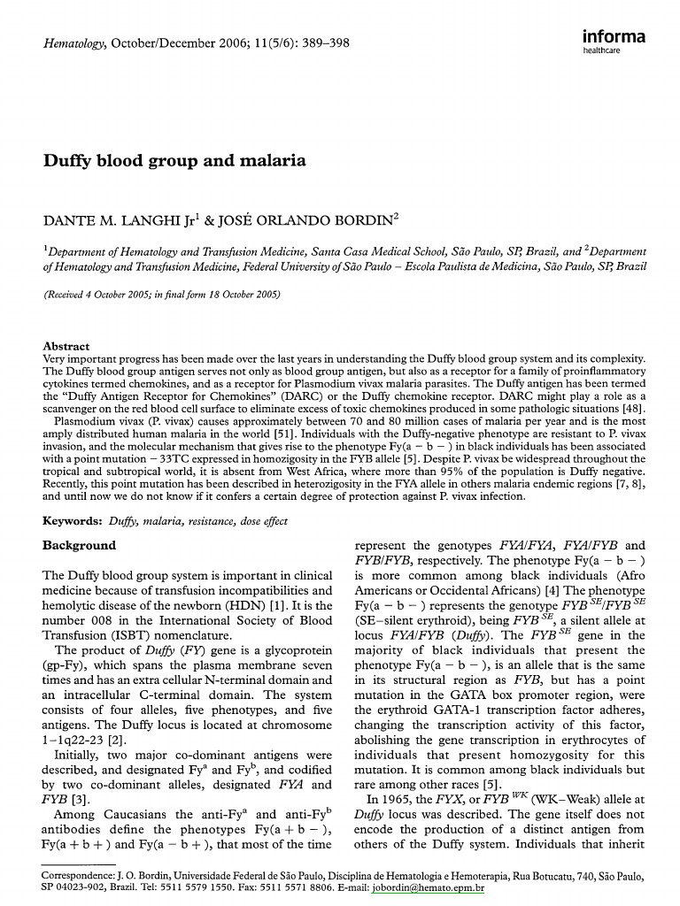 Duffy Blood Group and Malaria - Dante - 2006 | PDF | Zygosity | Chemokine