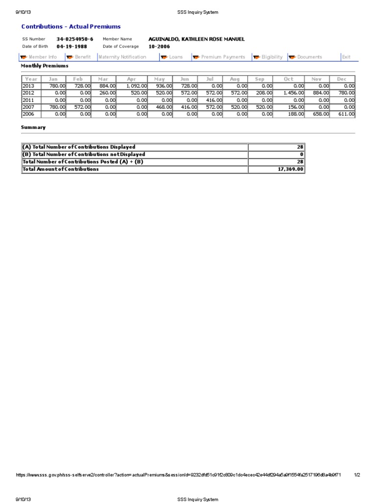 SSS Actual Premiums Summary for Members | PDF