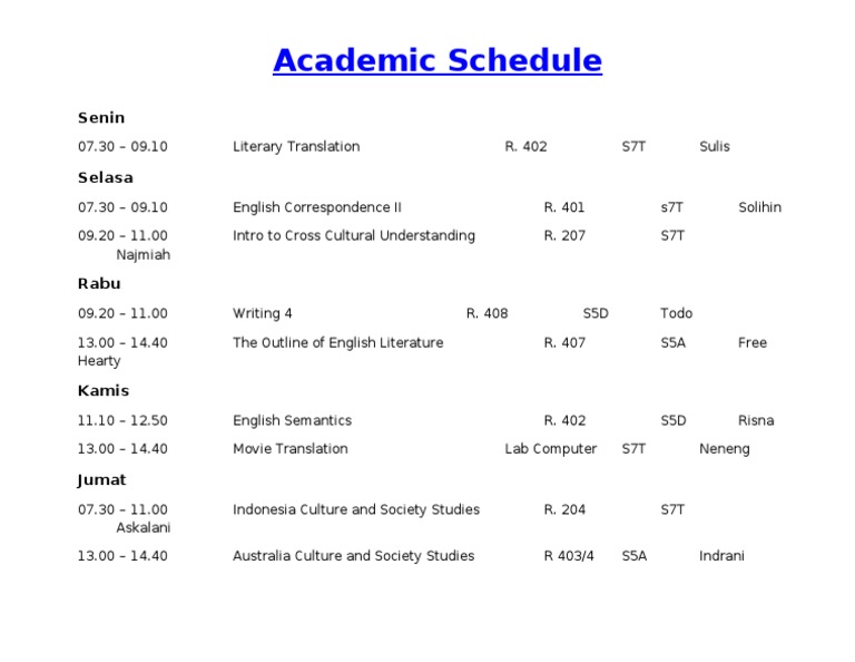 Academic Schedule Semester 7 | PDF