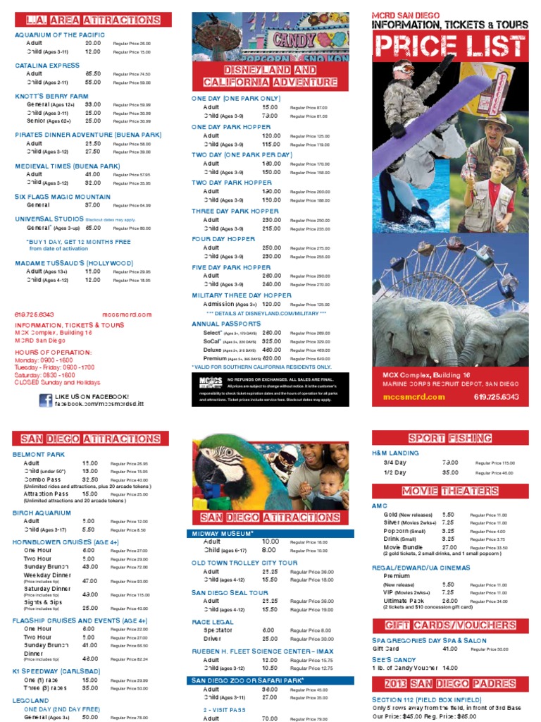 Price List: L.A. Area Attractions | PDF | Movie Theater | Disneyland