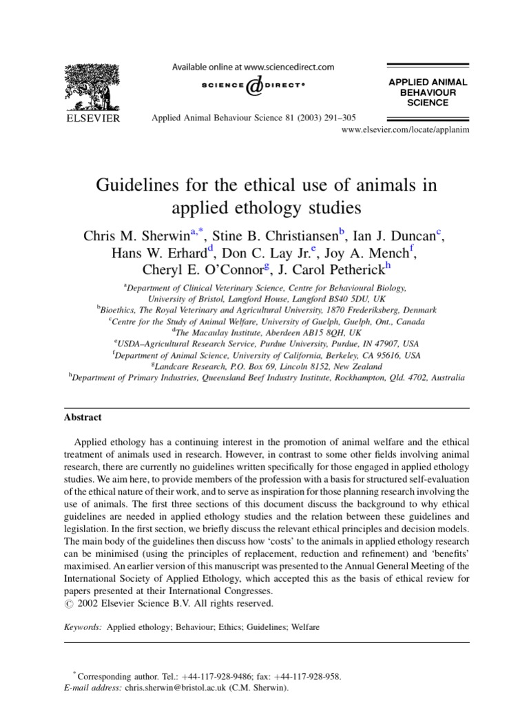 Guidelines For The Ethical Use of Animals in Applied Ethology Studies | PDF