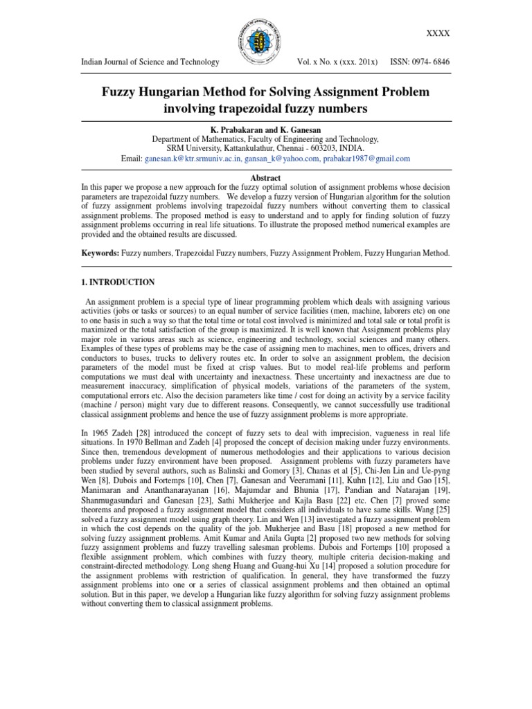 Prabhu-Fuzzy Hungarian Method For Solving Assignment Problem Involving Trapezoidal Fuzzy Numbers ...