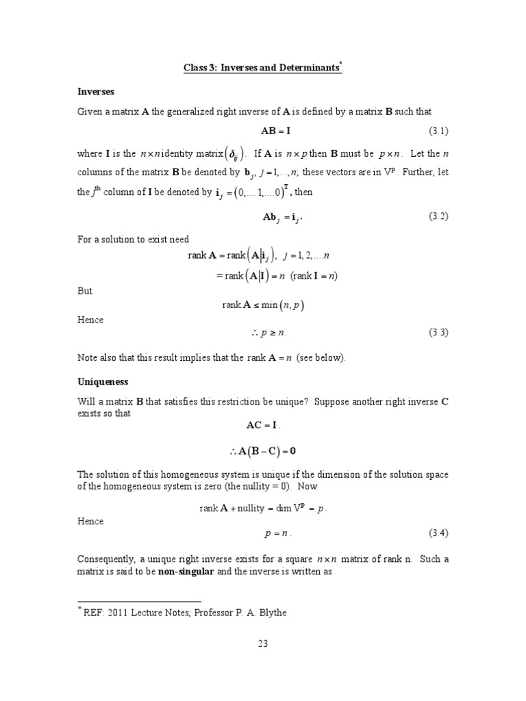Class 3: Inverses and Determinants Inverses: NP PN | PDF | Determinant ...