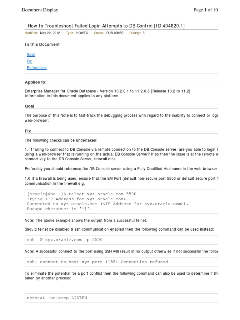 How To Troubleshoot Failed Login Attempts To DB Control (ID 404820.1) | PDF | Command Line ...