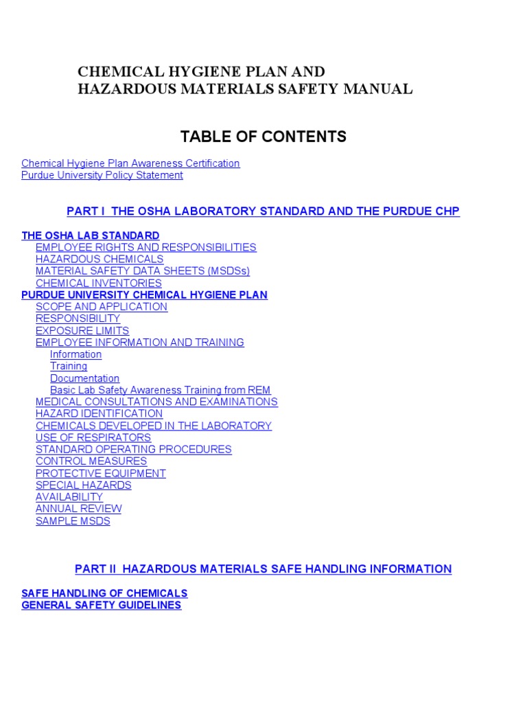 Chemical Hygiene Plan and Hazardous Materials Safety Manual: The Osha Laboratory Standard and ...