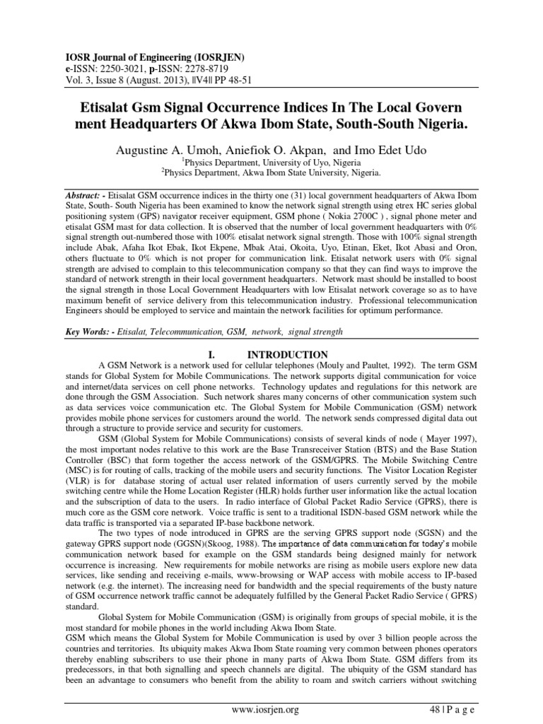 Etisalat GSM Signal Occurrence Indices in The Local Govern Ment ...