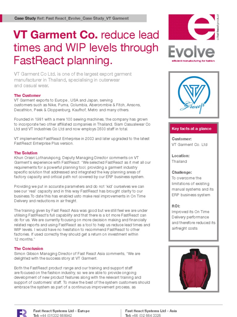 Times and Wip Levels Through Fastreact Planning.: VT Garment Co. Reduce ...
