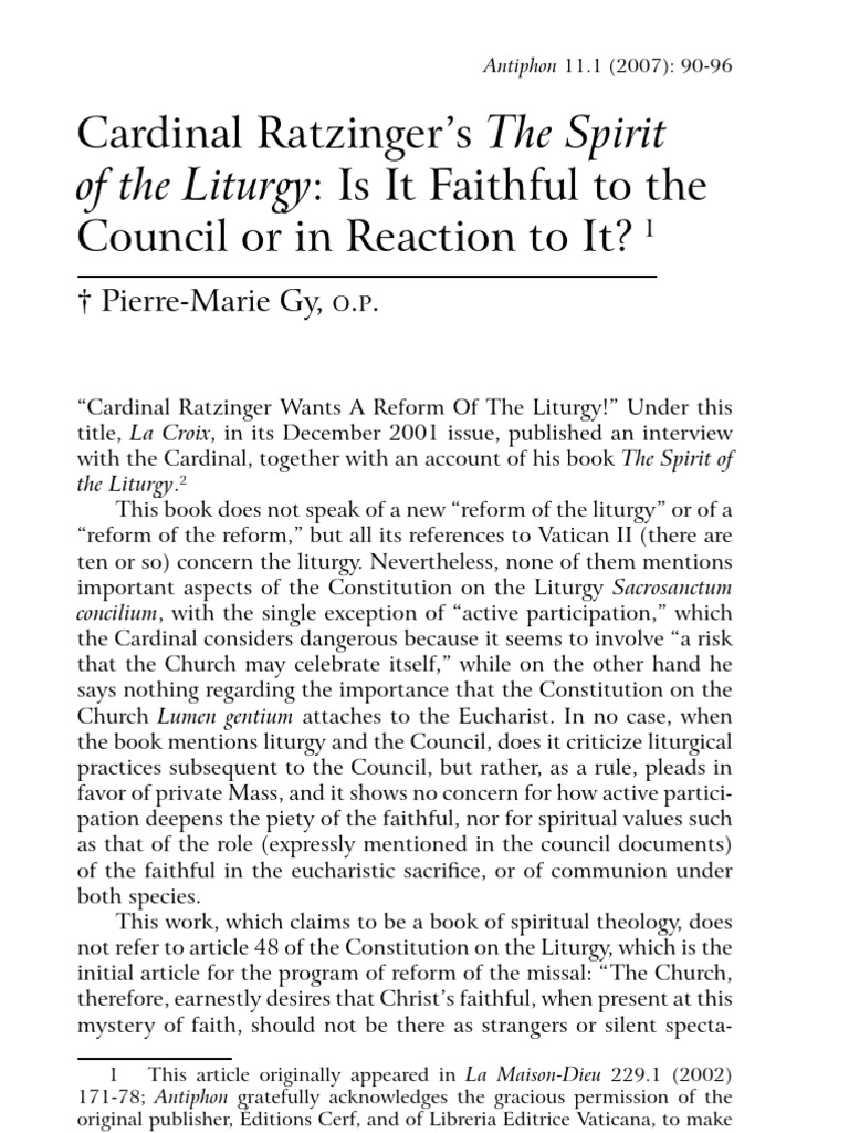 Cardinal Ratzinger's The Spirit of The Liturgy: Is It Faithful To The ...