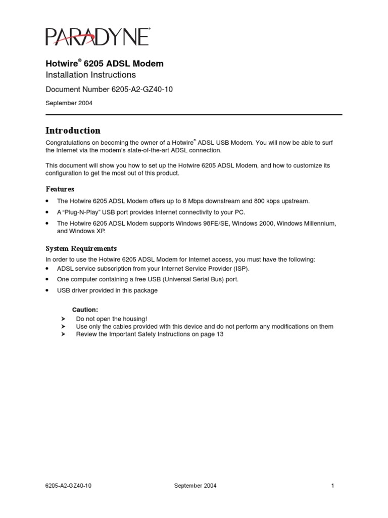Installation Instructions: Hotwire 6205 ADSL Modem | PDF | Electrical ...