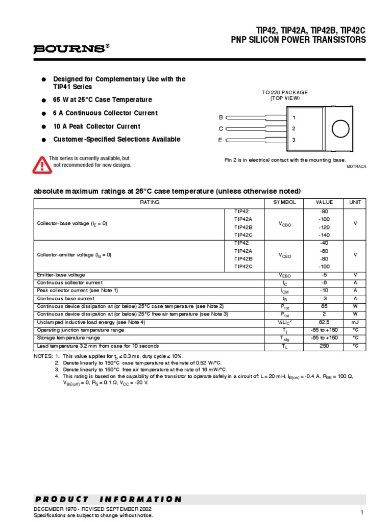 TIP42, TIP42A, TIP42B, TIP42C PNP Silicon Power Transistors | PDF ...