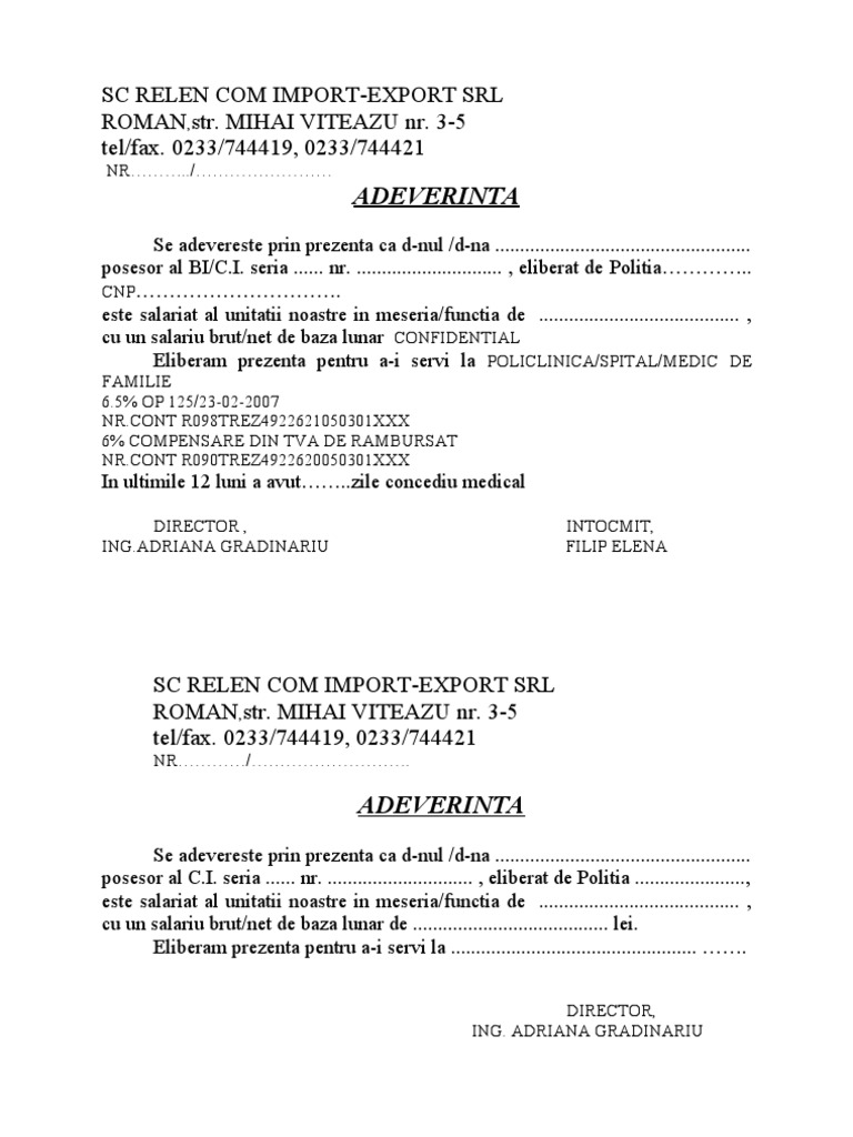 Adeverință de Salariat pentru Policlinică | PDF