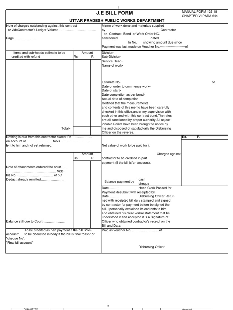 J.E Bill Form: Uttar Pradesh Public Works Department | PDF | Payments ...