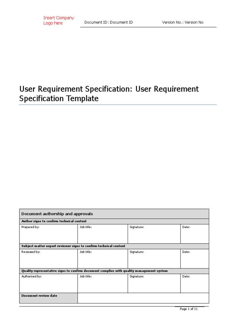 URS User Requirement Specification Template r01 | Specification ...