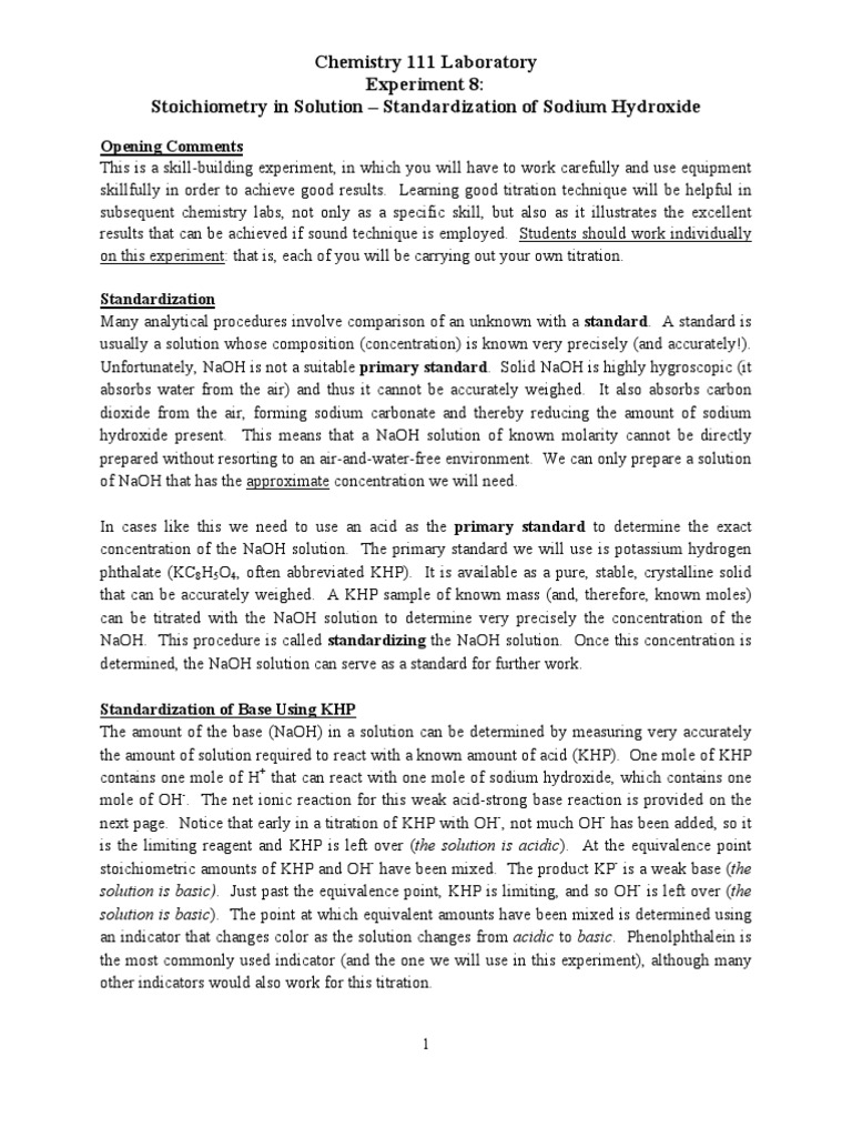 111l Experiment 8 - Naoh | PDF | Sodium Hydroxide | Titration