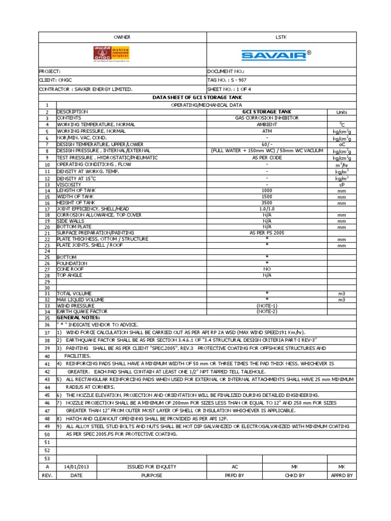 TANK DATASHEET.xls | Pressure | Pipe (Fluid Conveyance)