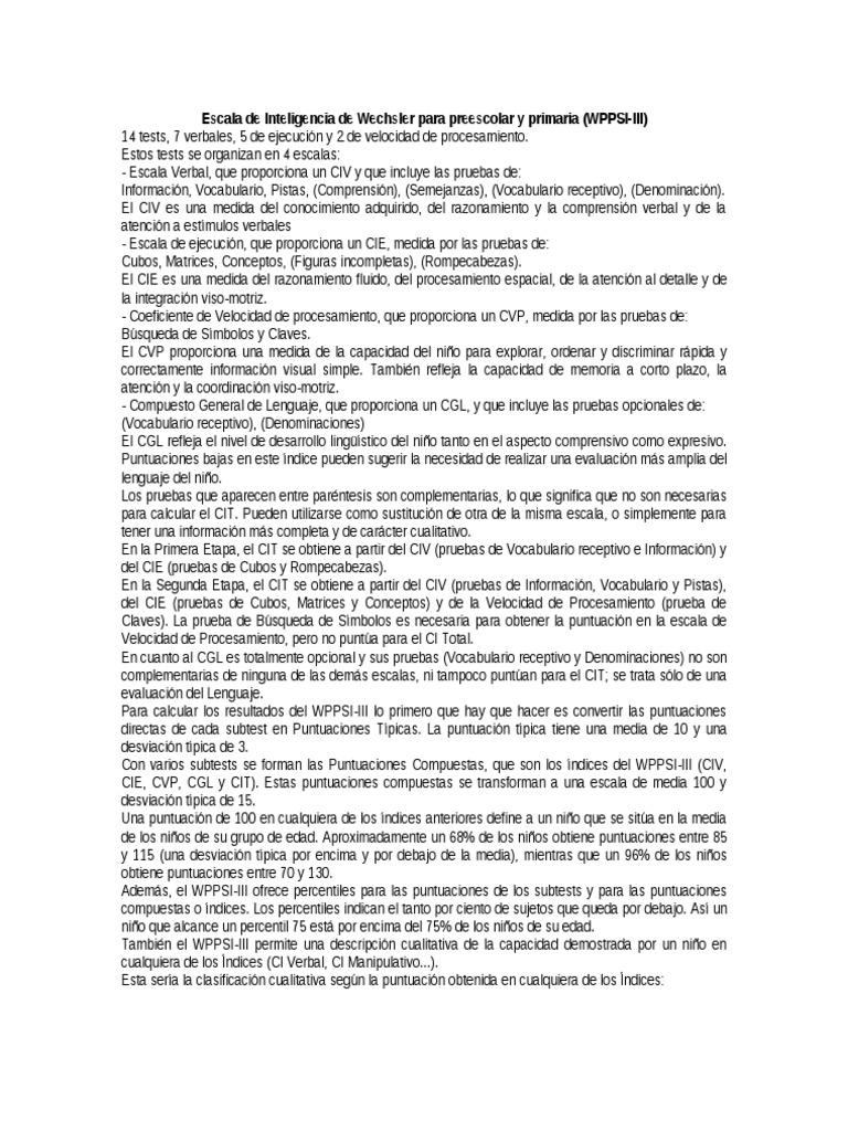 Subtest Wppsi III | PDF | Cociente de inteligencia | Dotamiento intelectual
