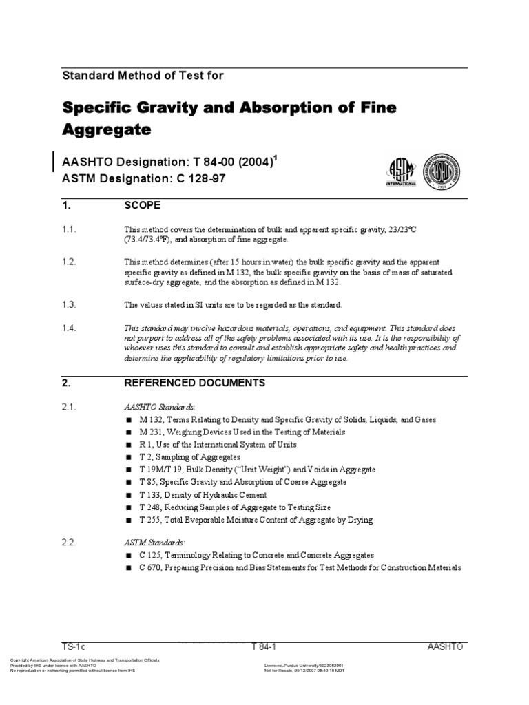 Specific Gravity and Water Absorption of Fine Aggregate C128 | PDF ...